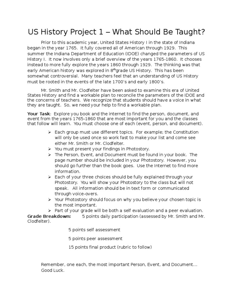 US History Project 1 | PDF | Rubric (Academic) | Communication