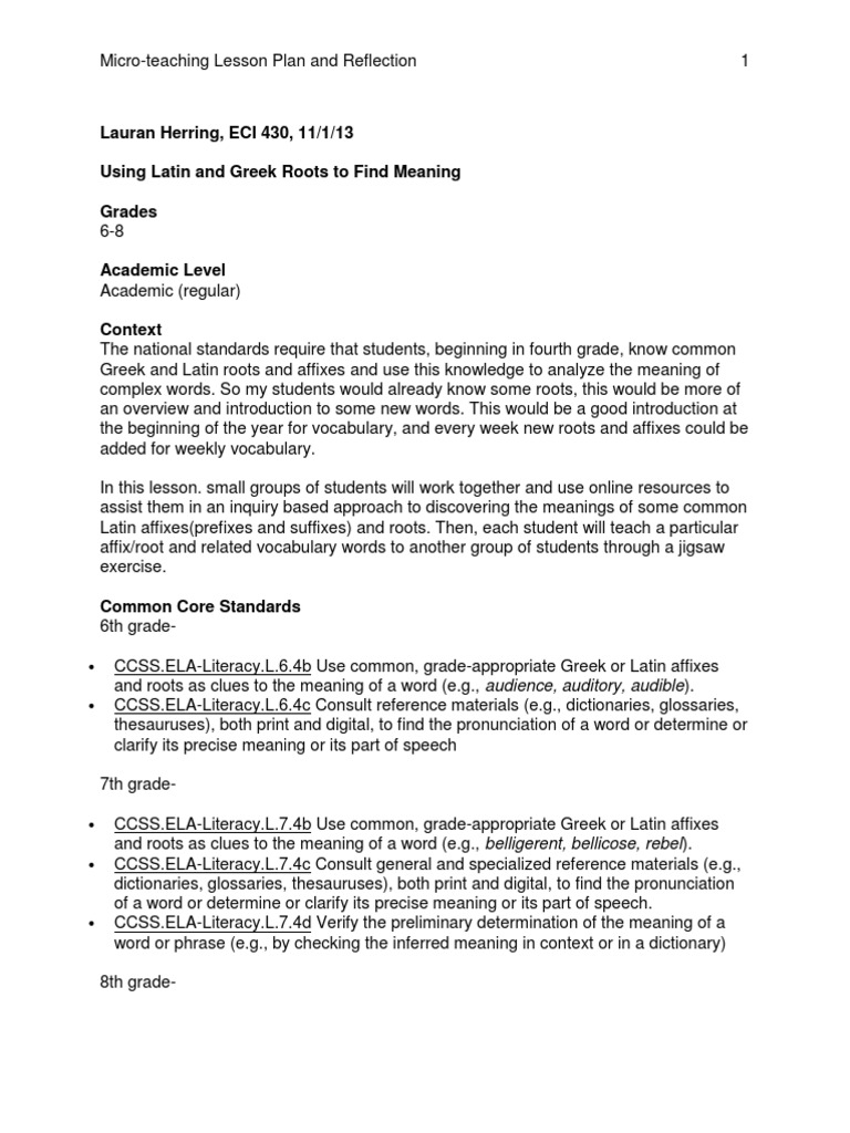 Latin Roots Lesson Plan for Grades 6-8 | PDF | Lesson Plan | Latin