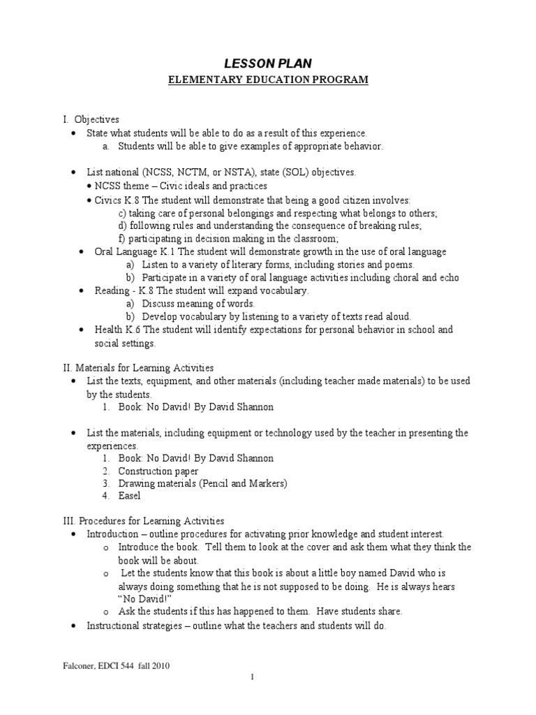 No David! Lesson Plan for Behavior | PDF | Lesson Plan | Applied Psychology