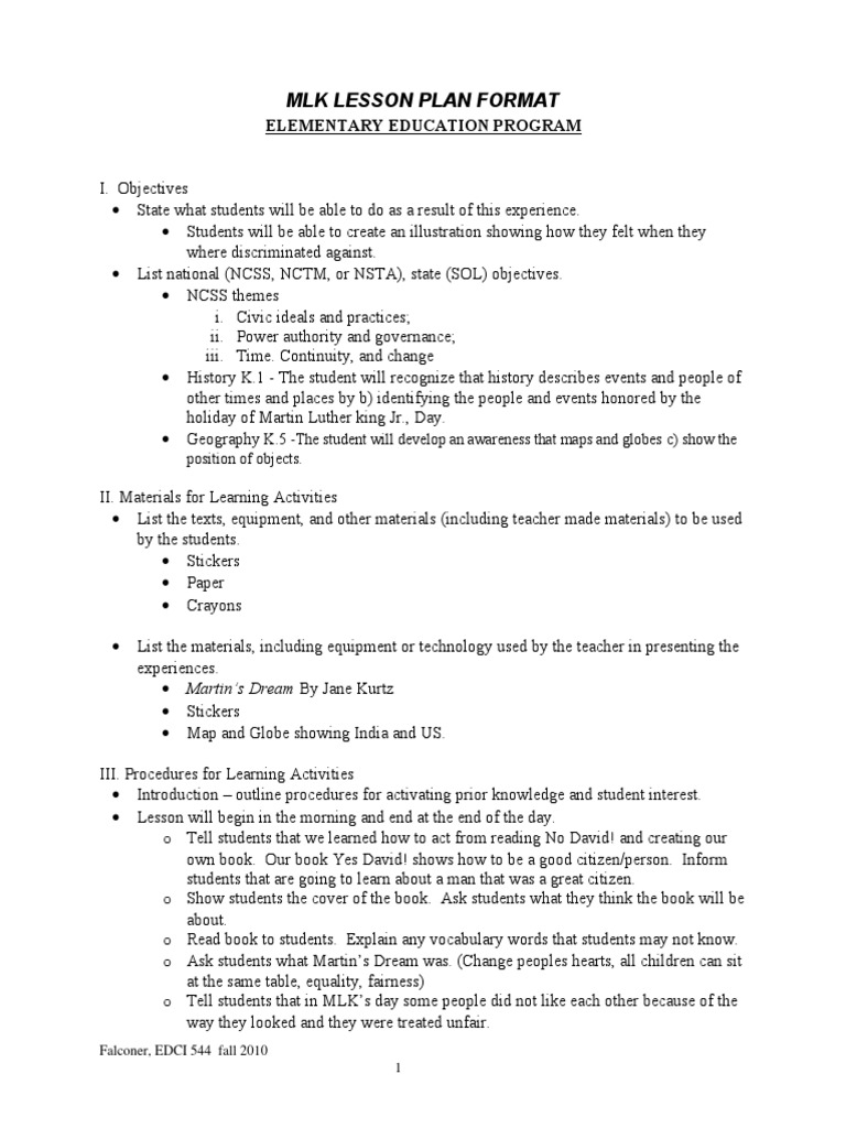 MLK Day Lesson Plan for Elementary Students | PDF | Lesson Plan ...