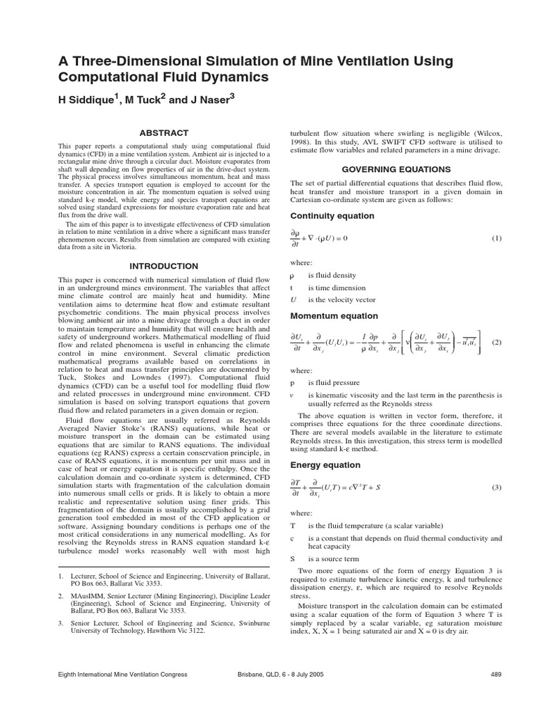 A Three-Dimensional Simulation of Mine Ventilation Using Computational ...