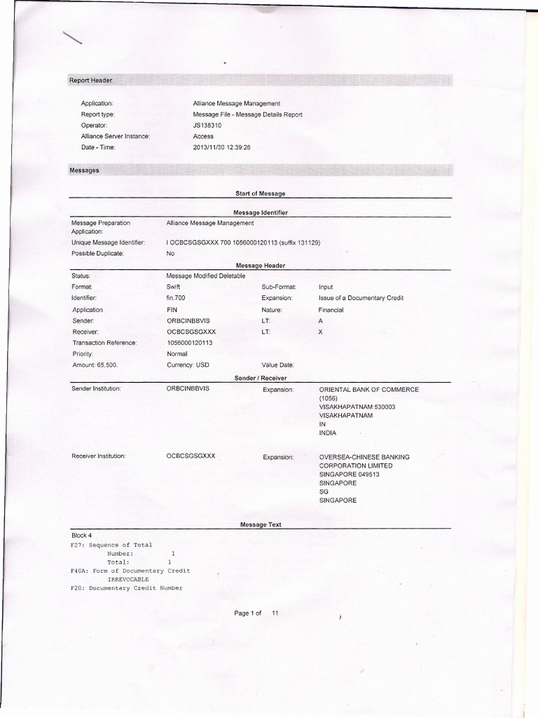 Swift Message | Invoice | United States Dollar