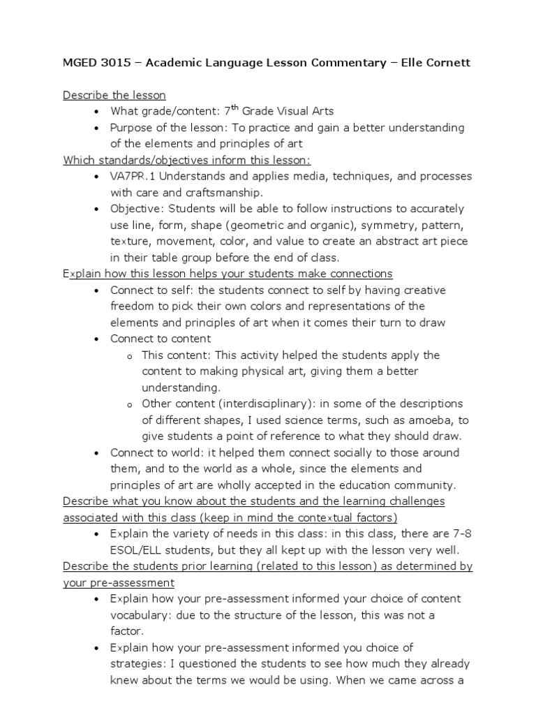 7th Grade Visual Arts Lesson Commentary | PDF | Cognition | Cognitive ...