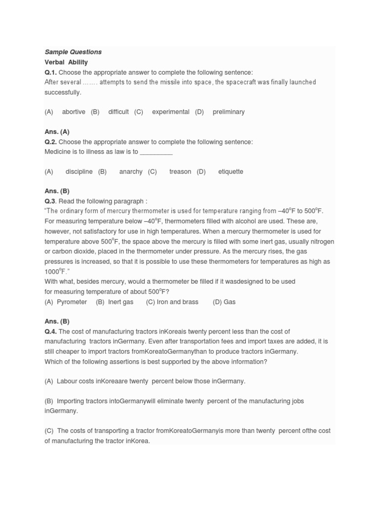 Verbal Ability Q.1.: Sample Questions | PDF
