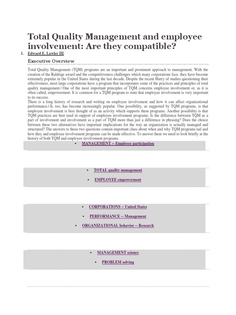 Employee Involvement in TQM Practices | PDF | Human Resource Management ...