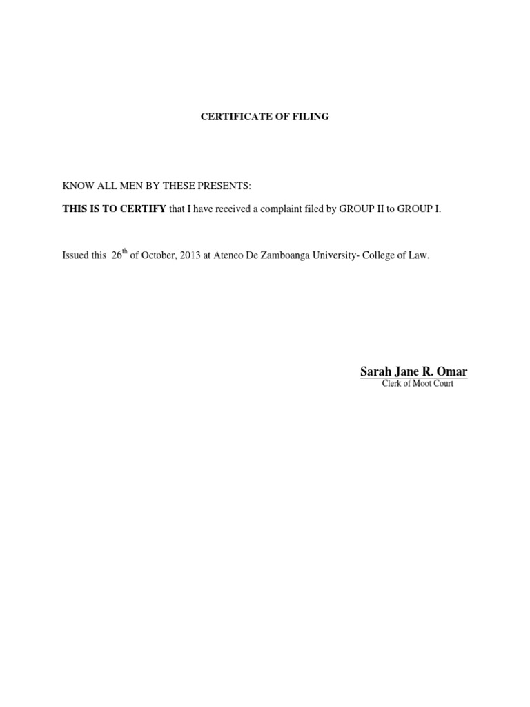 Certificate of Filing Complaint 2013 | PDF | Government | Justice