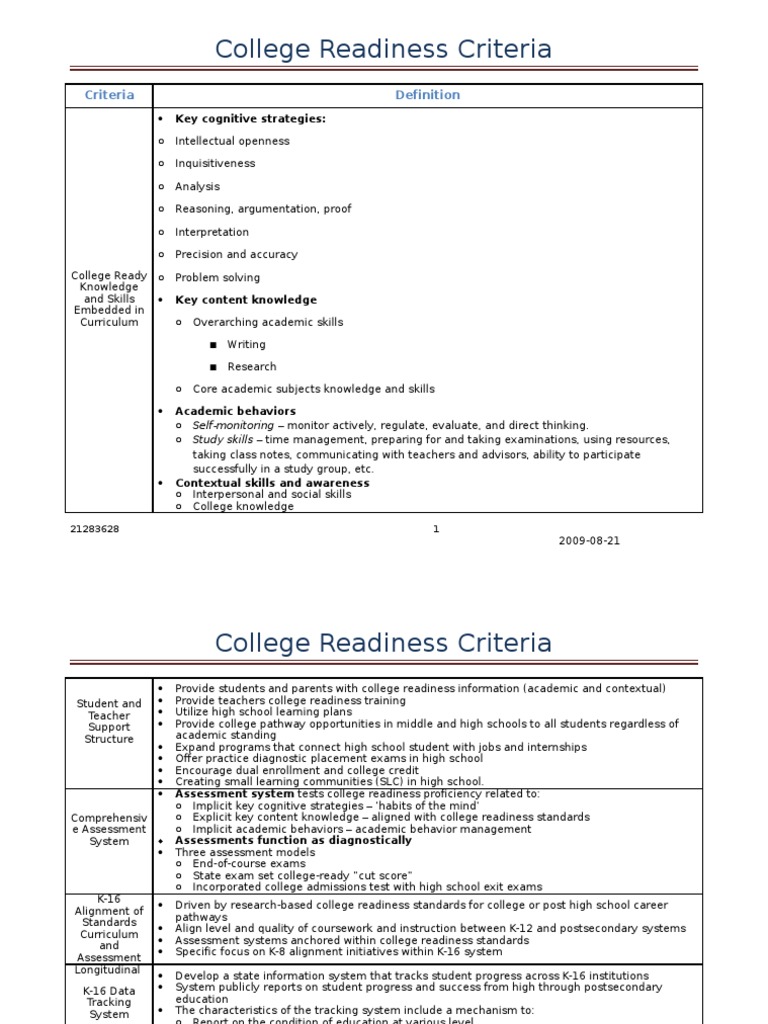 College Readiness Criteria | PDF | Educational Assessment | Test ...