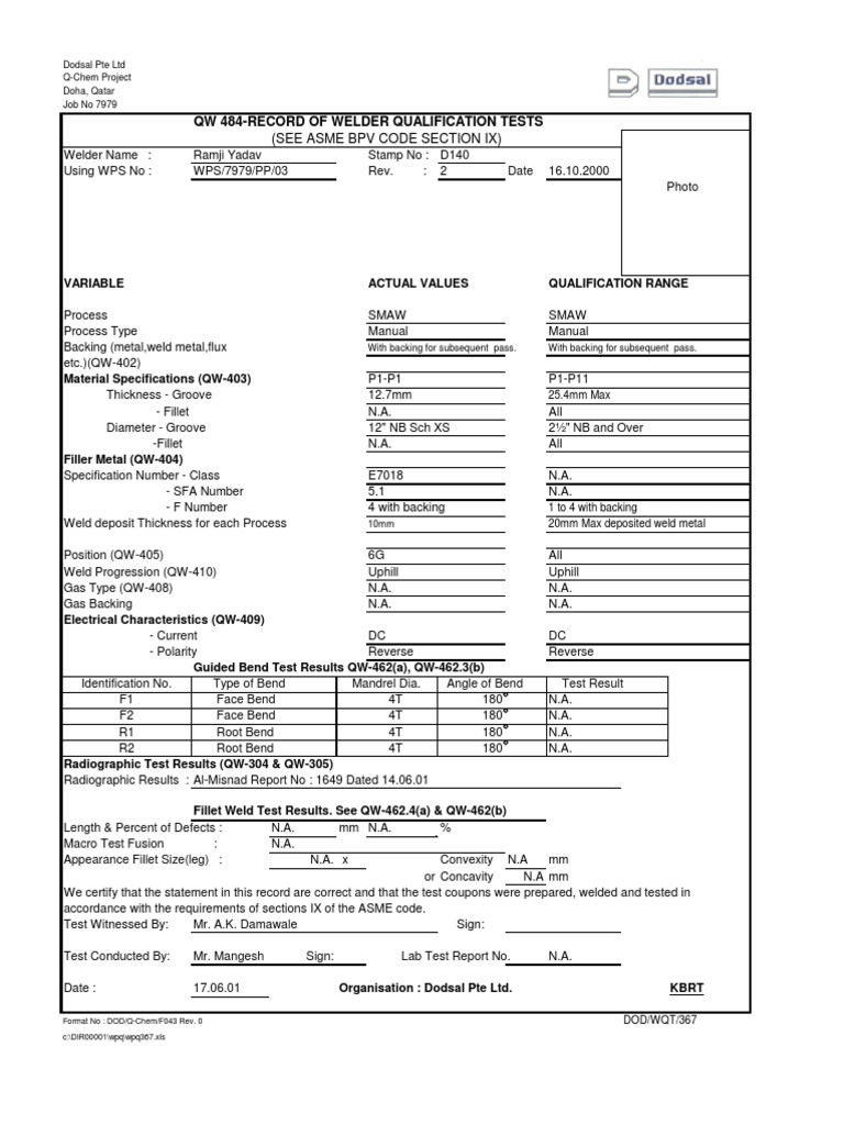 QW 484-Record of Welder Qualification Tests: (See Asme BPV Code Section ...