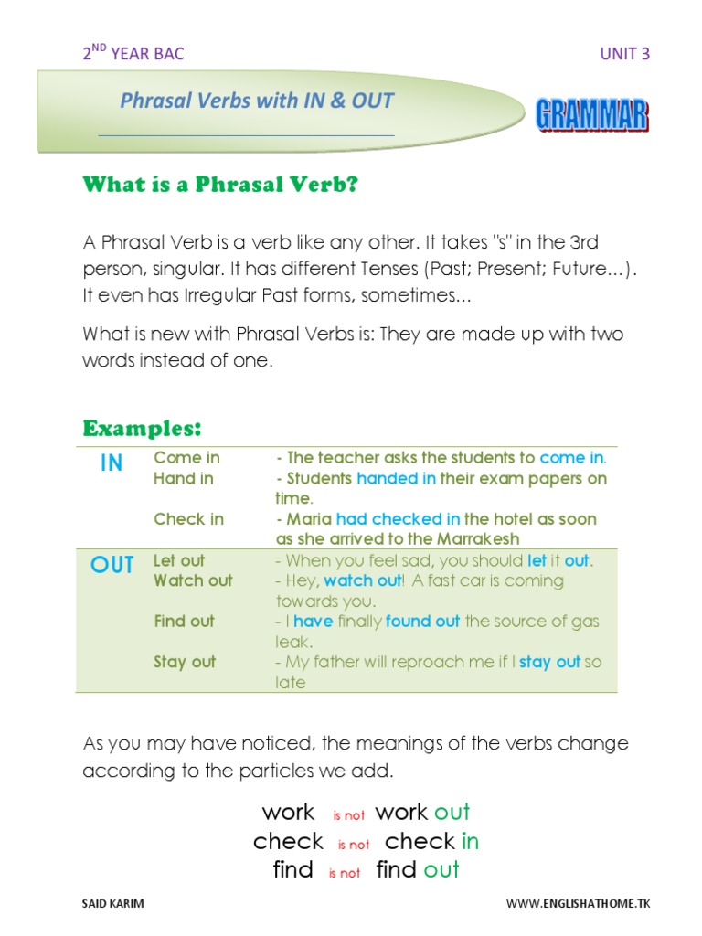 Phrasal Verbs: IN & OUT Explained | PDF | Language Arts & Discipline