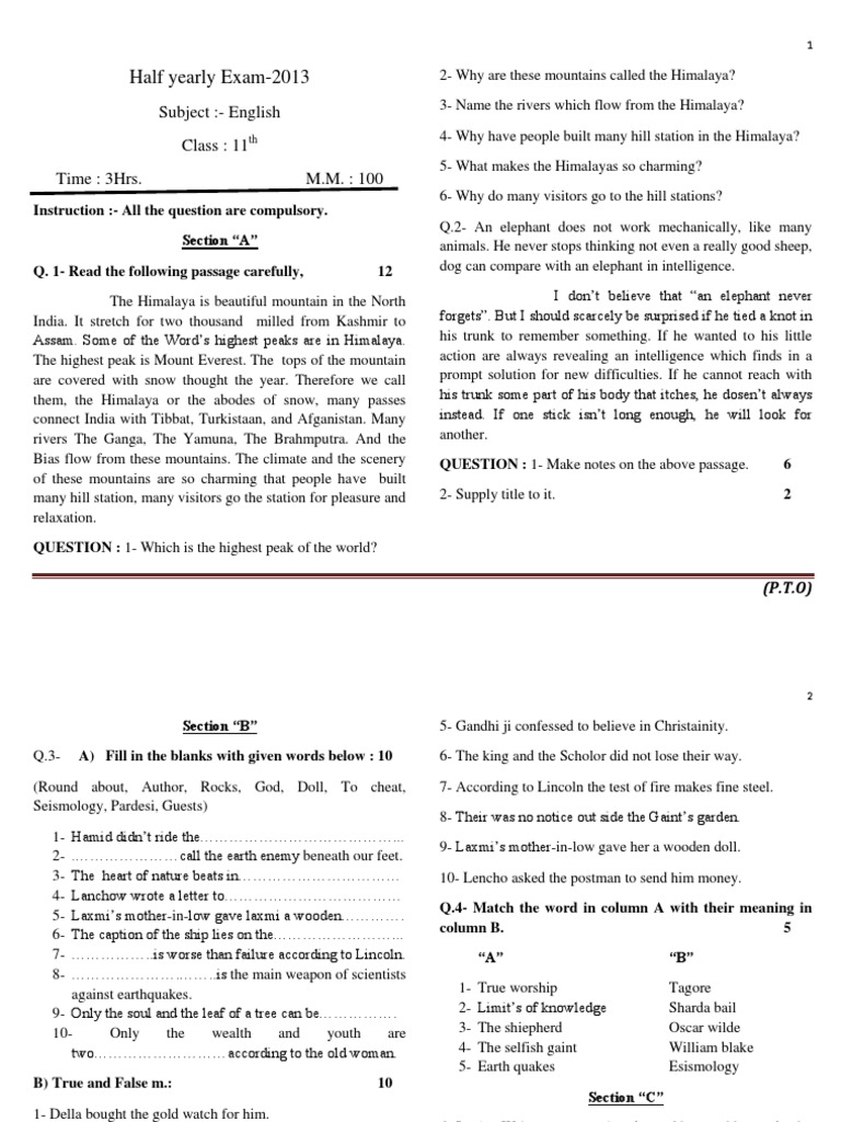 Class 11th English Paper | PDF | Himalayas | Mountains