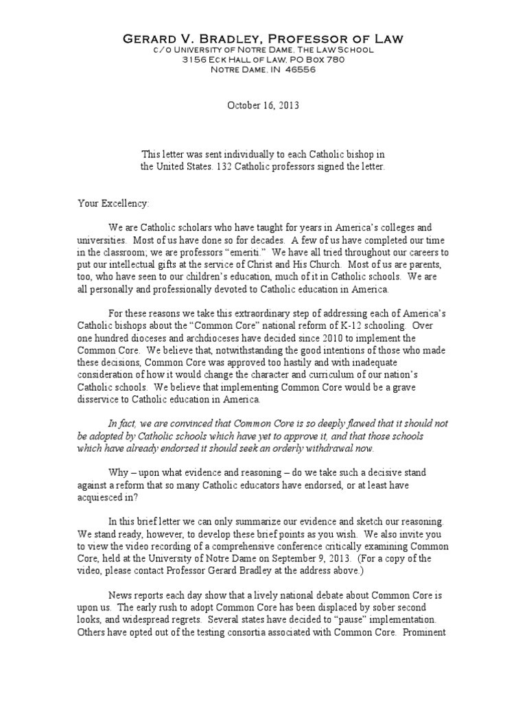 Letter to Catholic Bishops on the Common Core F | Common Core State ...