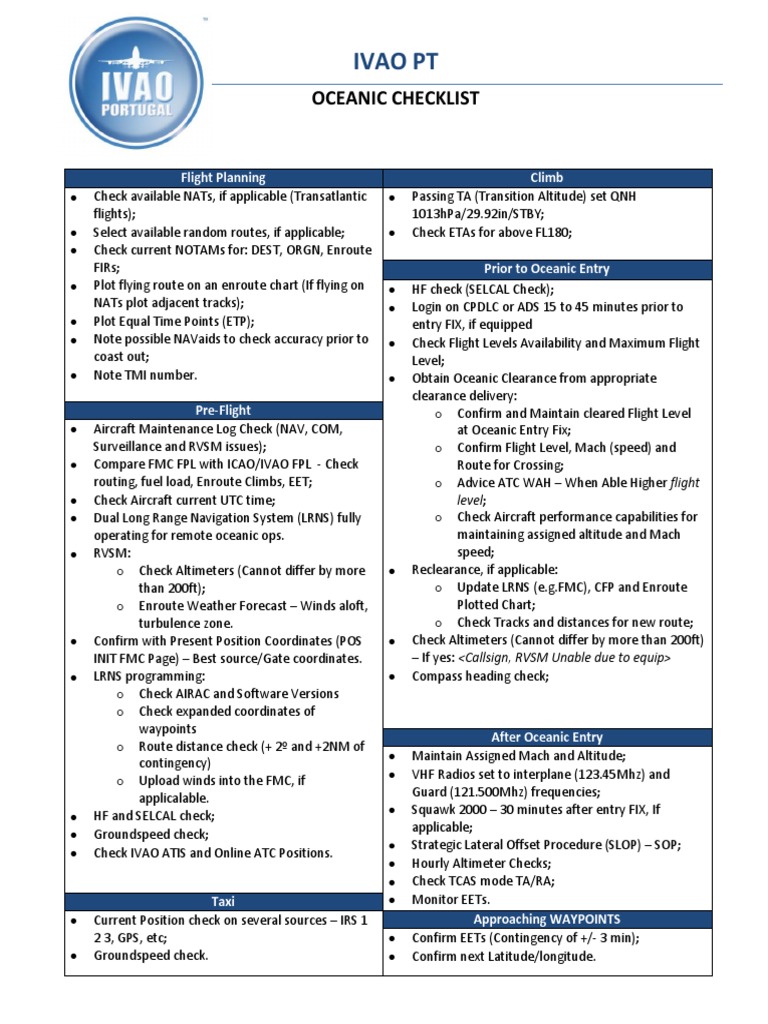 Oceanic Checklist | Air Traffic Control | Transport Safety