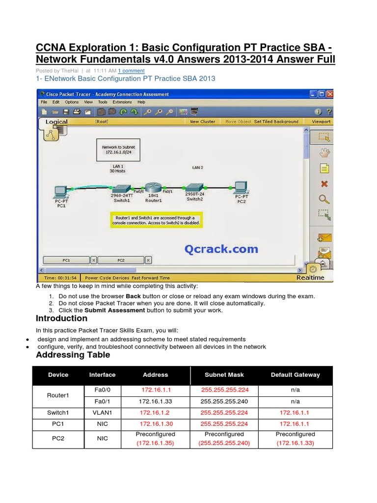 Ccna Exploration 1 Basic Configuration Pt Practice Sba Network