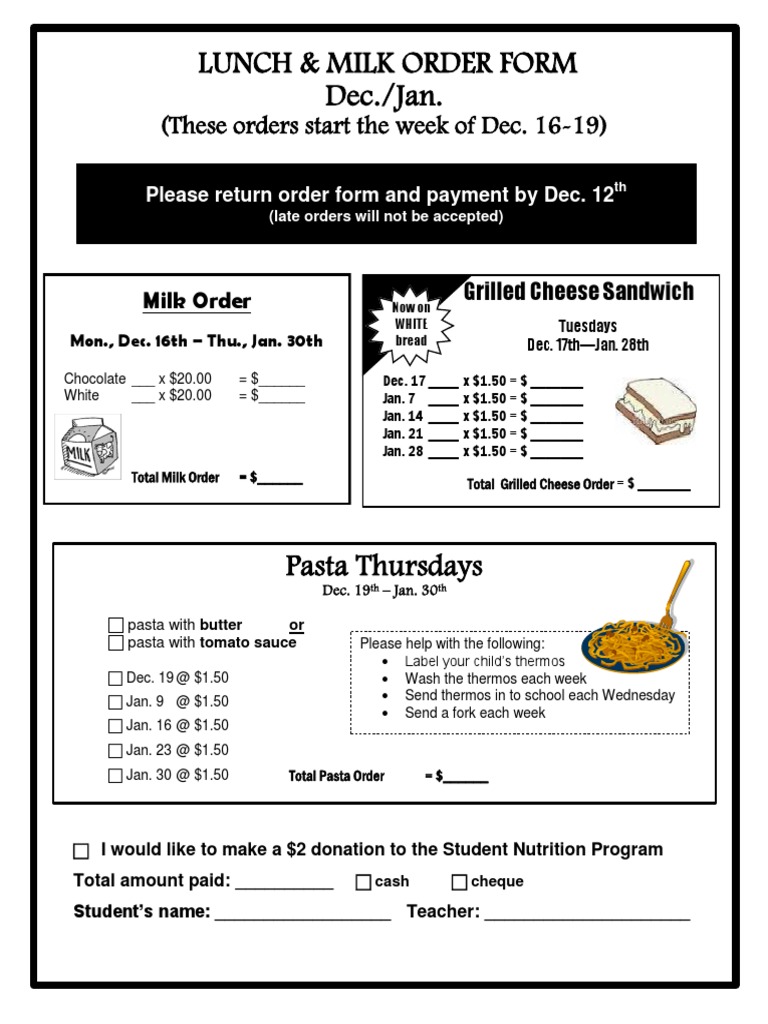 Lunch and Milk Order Form Dec-Jan | PDF