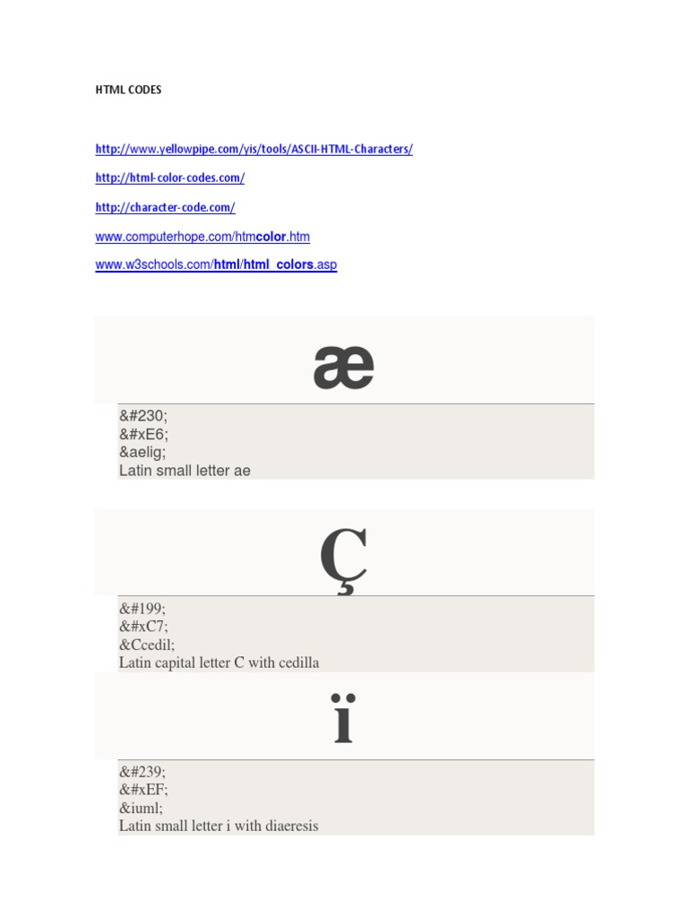 HTML Codes & Character References | PDF