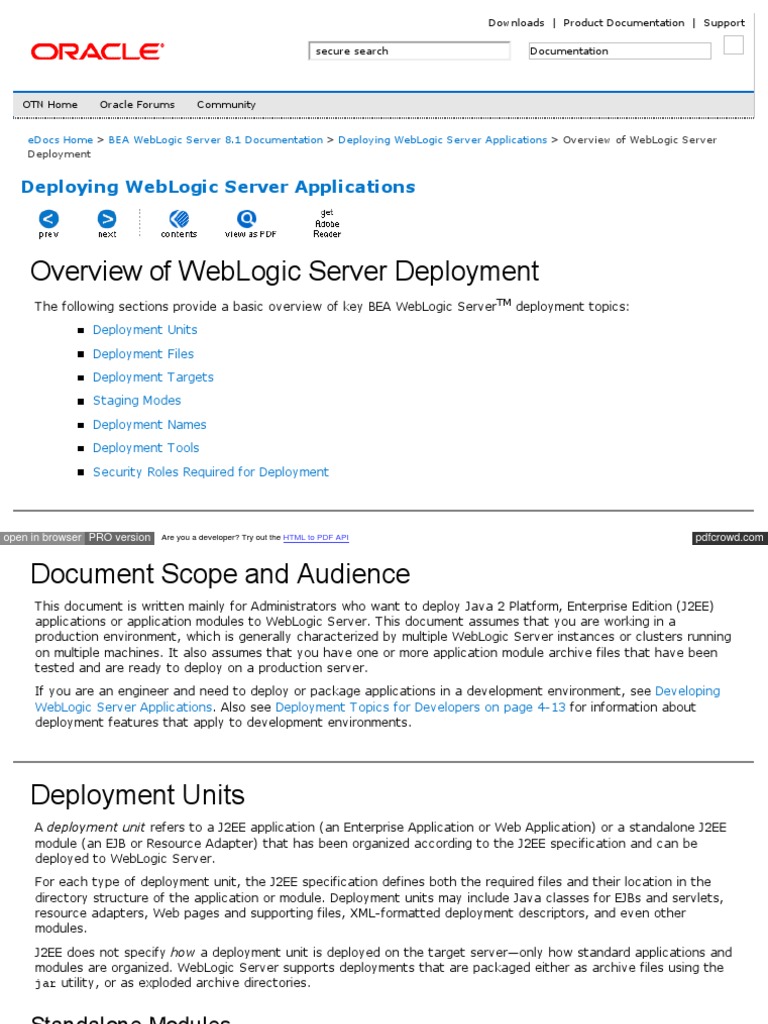 Overview of Weblogic Server Deployment | PDF | Enterprise Java Beans | Java Platform