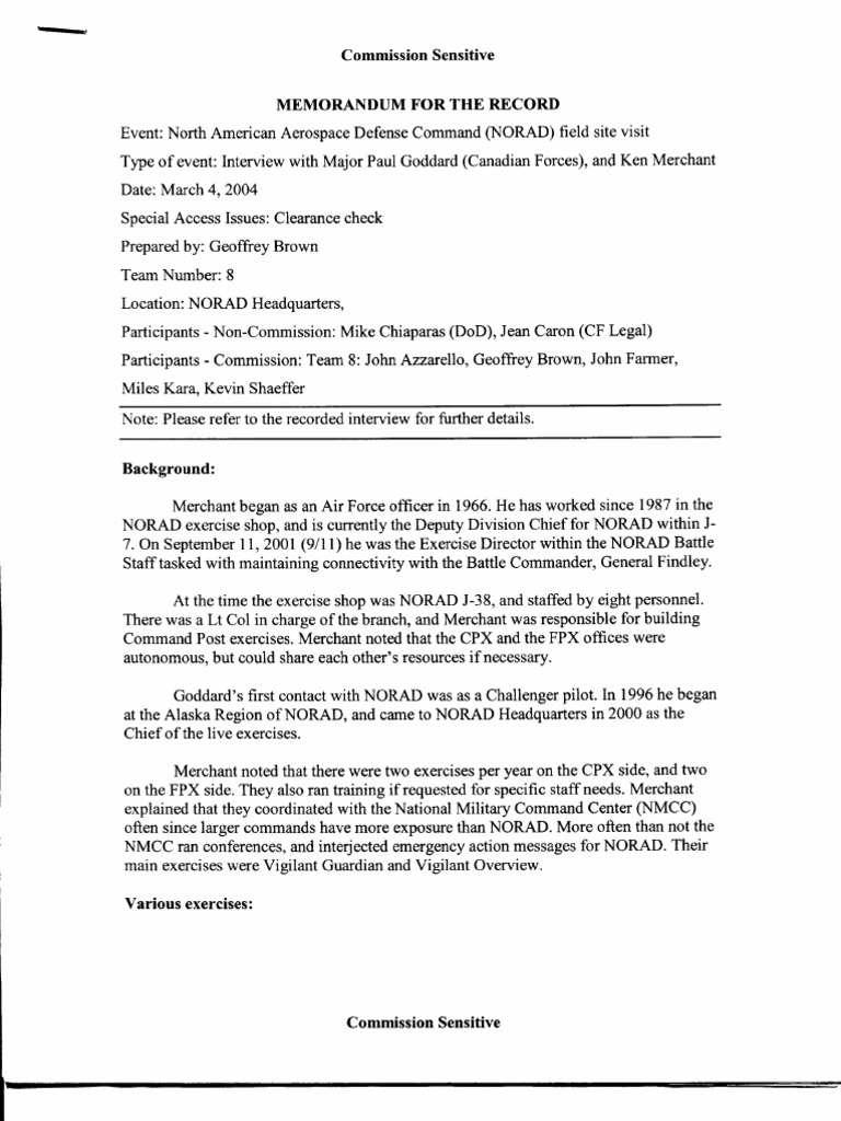 DH B5 DOD-NORAD Notes FDR - 3-4-04 MFR - Maj Paul Goddard (Canada) and ...