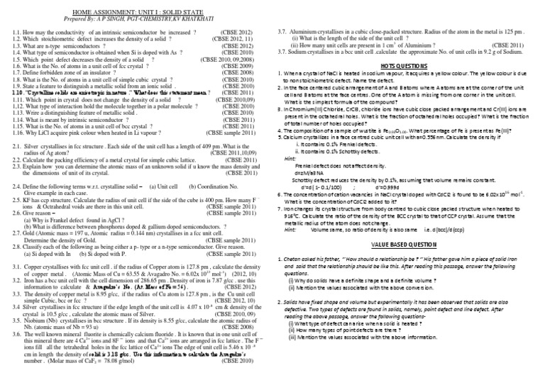 Solid-State Previous-Years Hots Value-Based Questions | PDF | Crystal Structure | Solid