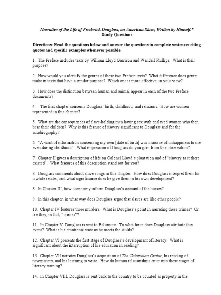 Narrative of The Life of Frederick Douglass Study Questions | PDF ...