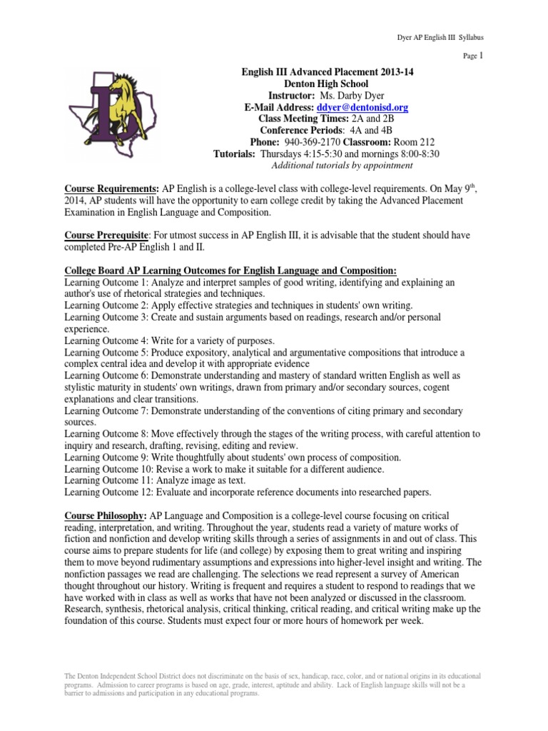 Final Dyer Ap English III Syllabus 2013-14 | PDF | Advanced Placement | Homework