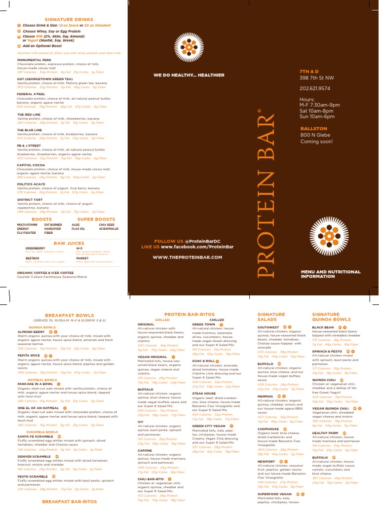 Protein Bar Menu & Nutrition Guide | PDF