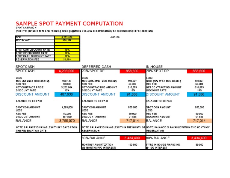 Sample Spot Payment Computation: Spotcash Deferred Cash In-House ...