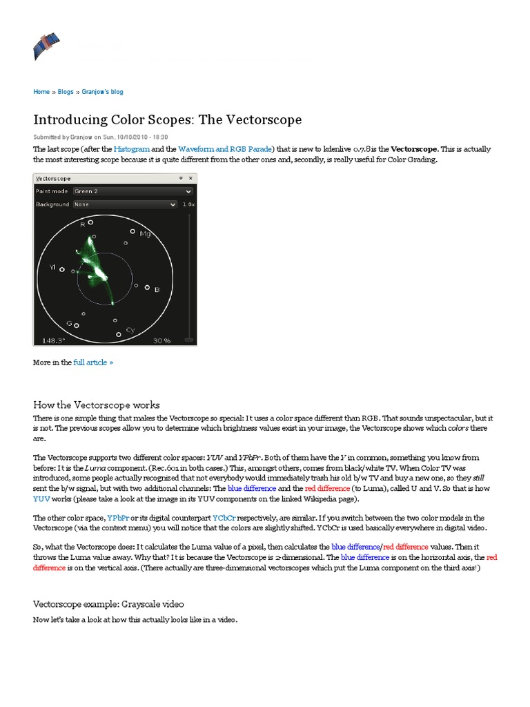 Introducing Color Scopes - The Vectorscope - Kdenlive | PDF | Color Balance | Media Technology