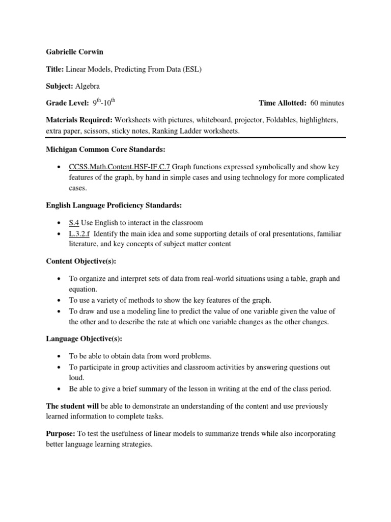Lesson Plan Esl Math Edu429 | PDF | Prediction | Teaching Mathematics