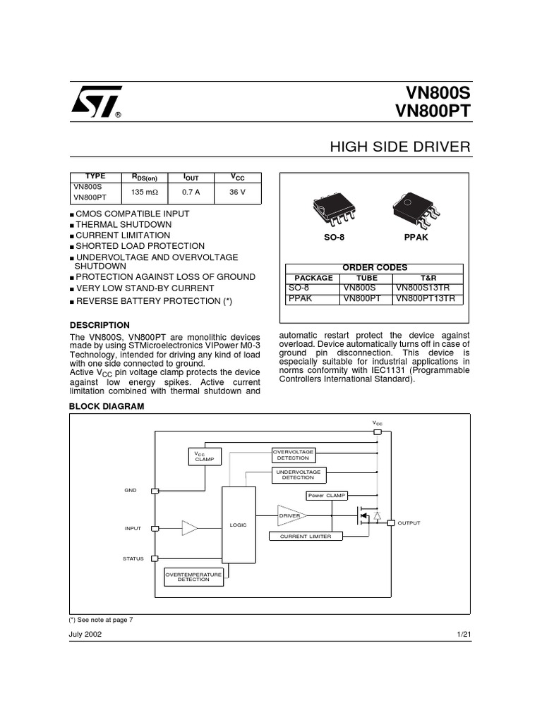 VN800S VN800PT: High Side Driver | PDF | Resistor | Electric Current