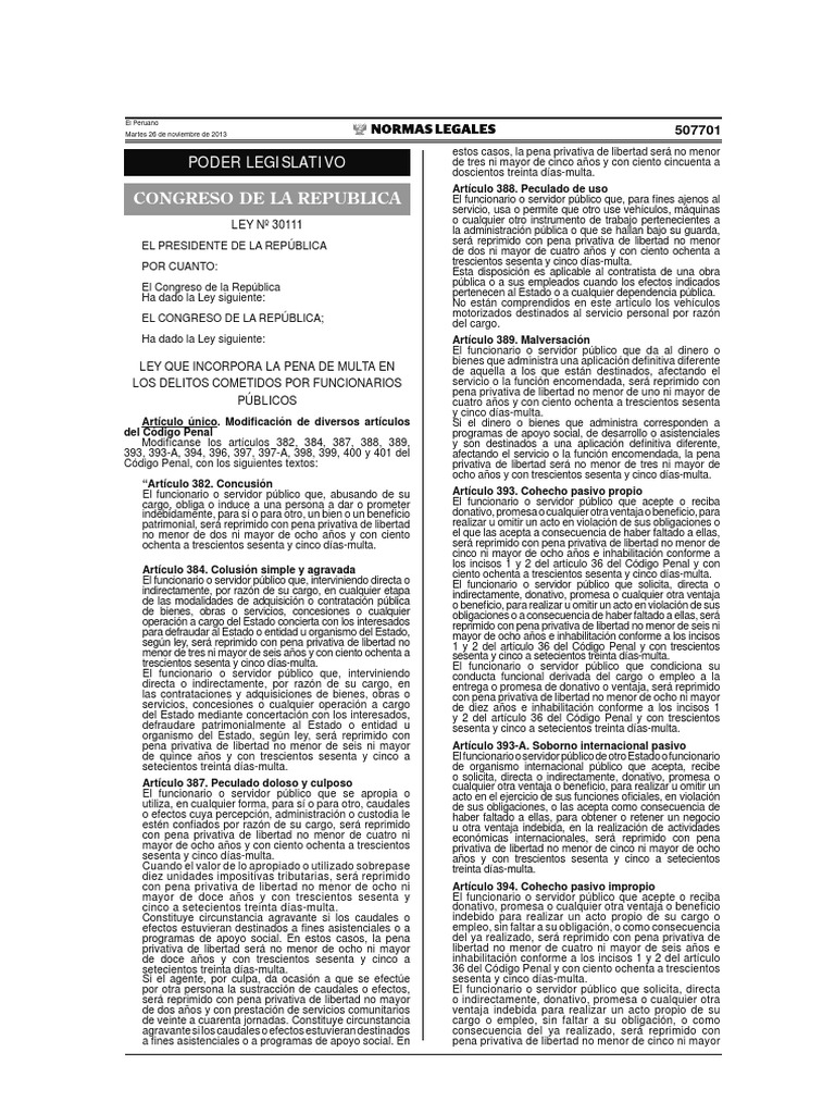 Ley 30111: Multas a Funcionarios Públicos | PDF | Derecho