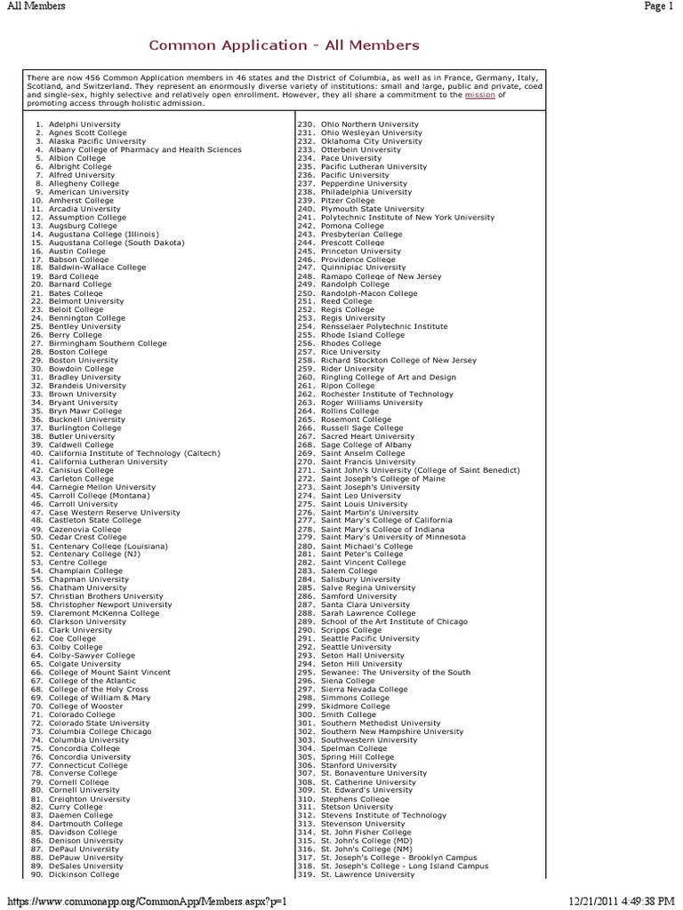 Common Application Member Colleges List | PDF | Science & Mathematics