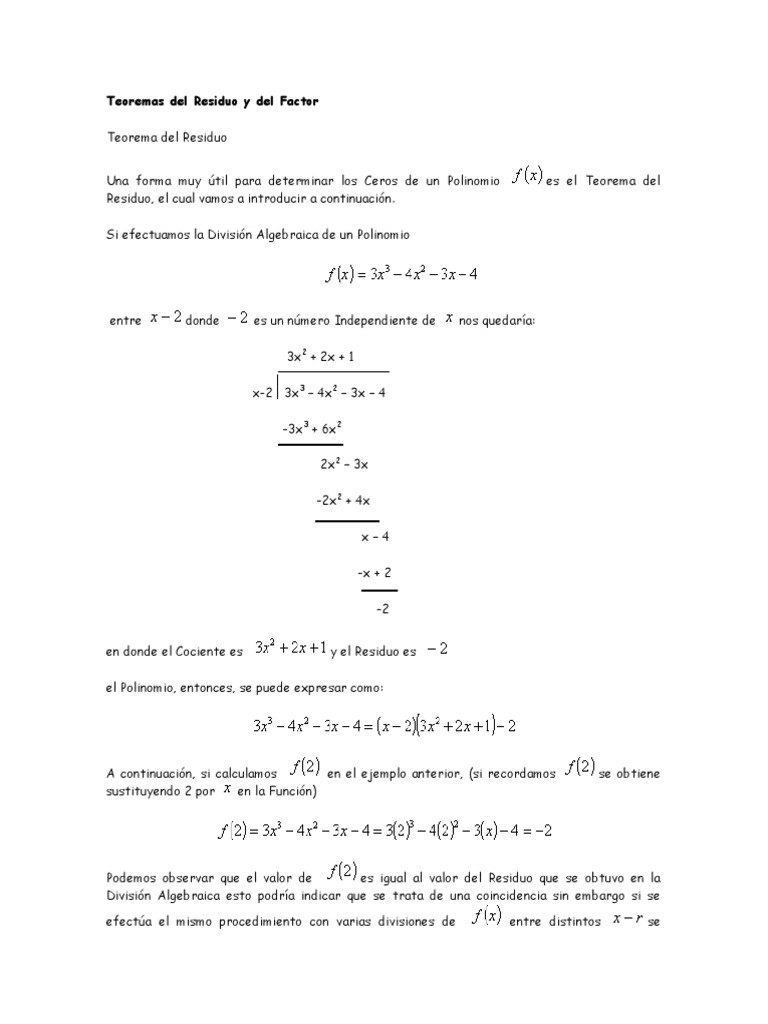 Teoremas Del Residuo y Del Factor | PDF | División (Matemáticas) | Número Real