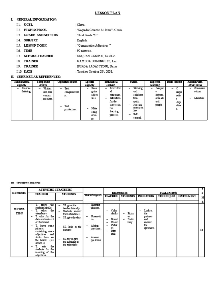 Lesson Plan Comparative Adjectives | PDF | Lesson Plan | Linguistics