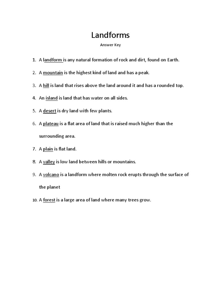 Landform Fill in The Blank Answer Key | PDF