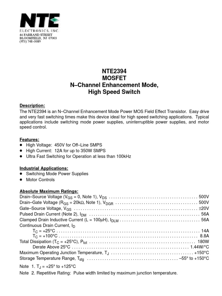 Nte2394 o K790 | PDF | Field Effect Transistor | Mosfet