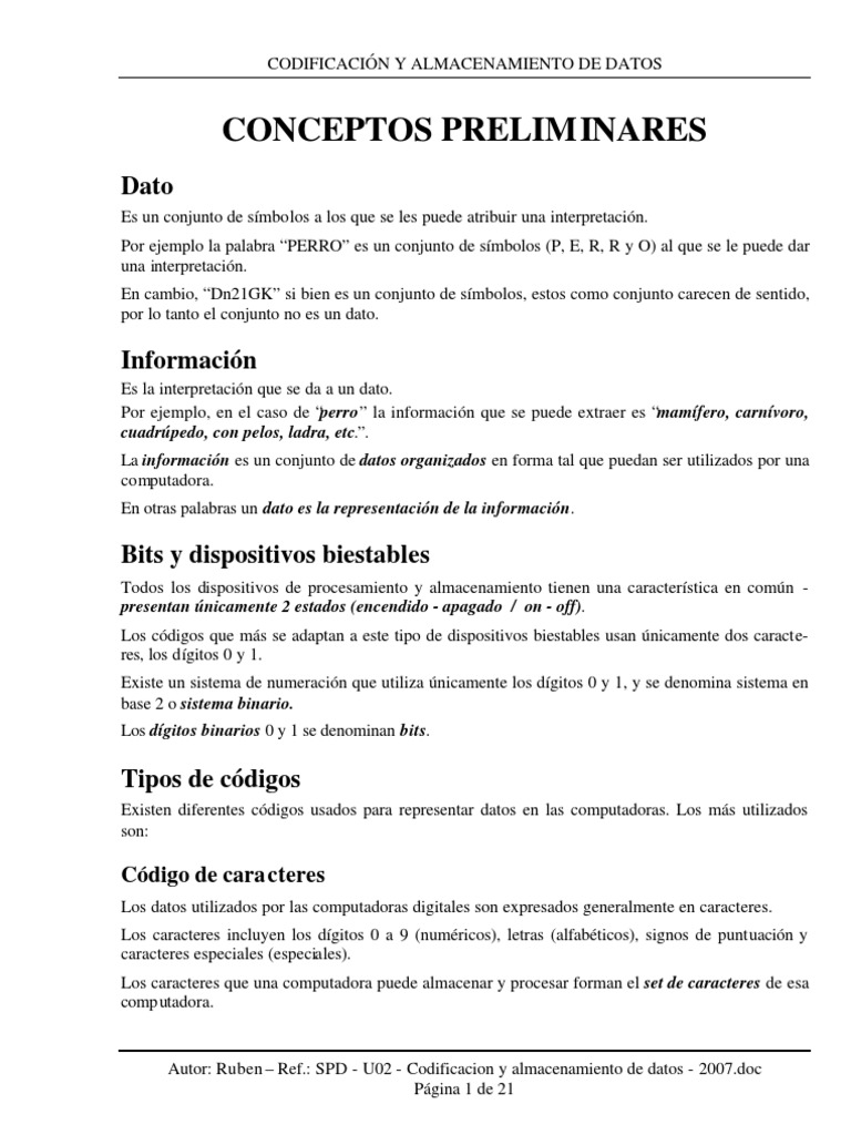 SPD U02 Codificacion y Almacenamiento de Datos 2007 | PDF | Poco ...