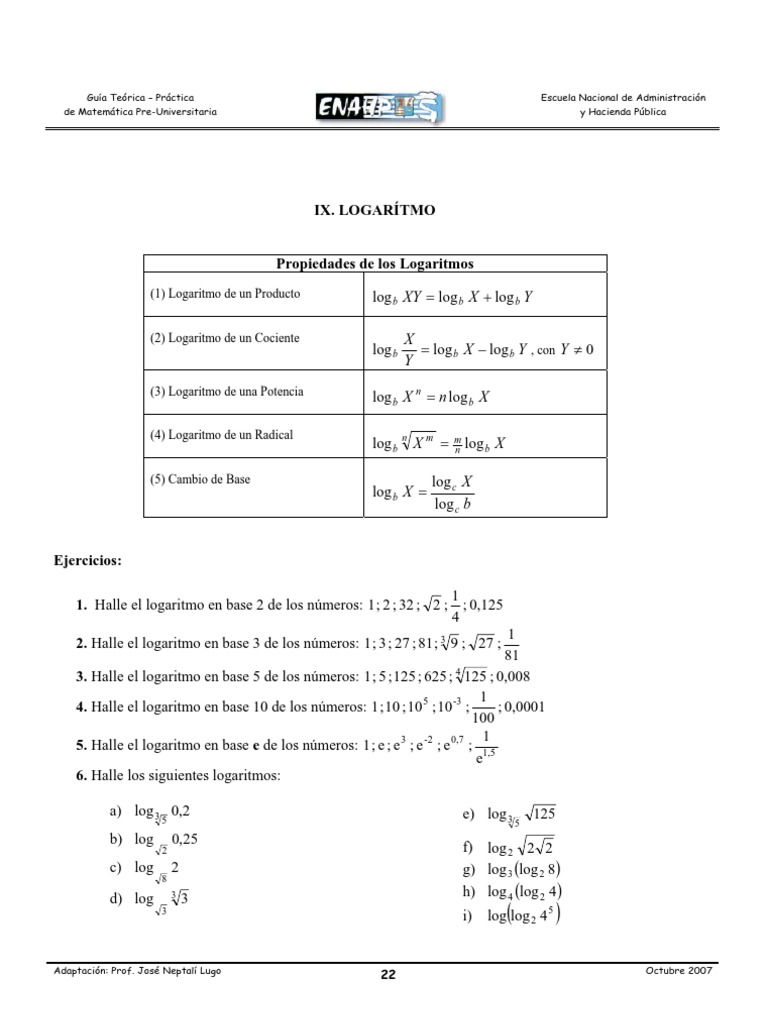 Hoja De Trabajo Sobre Las Propiedades De Los Logaritmos