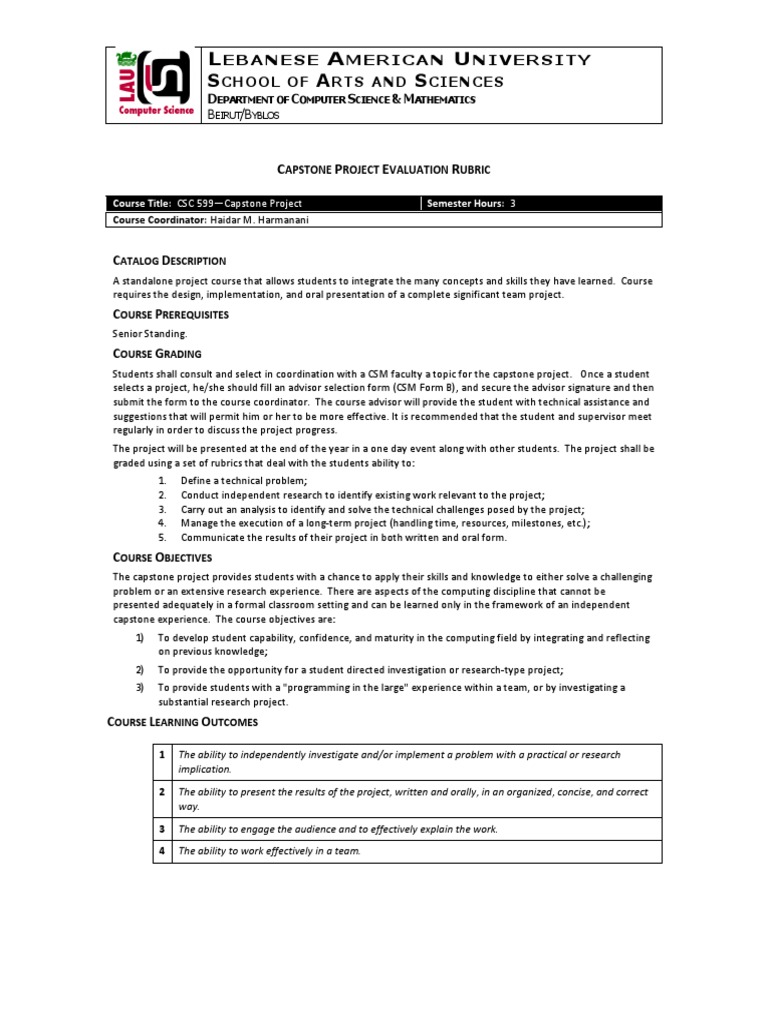 LAU Capstone Project Evaluation Rubric | PDF | Science | Evaluation