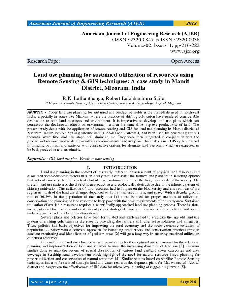 Land Use Planning For Sustained Utilization of Resources Using Remote Sensing & GIS Techniques ...