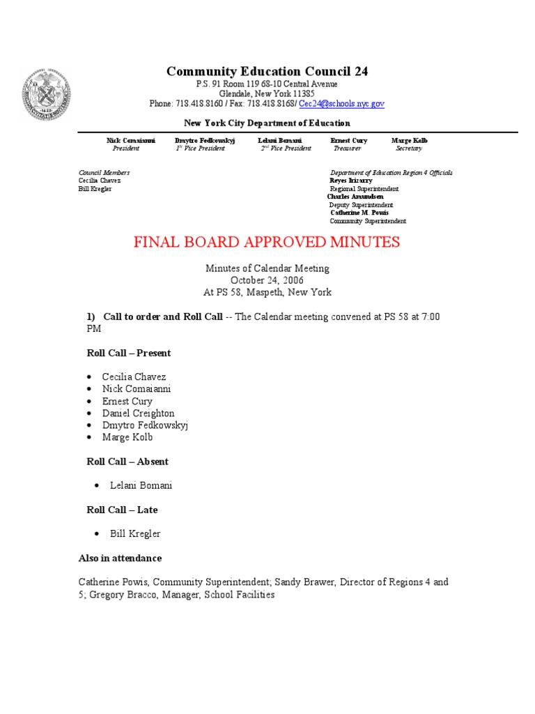 Final Board Approved Minutes: Community Education Council 24 | PDF ...