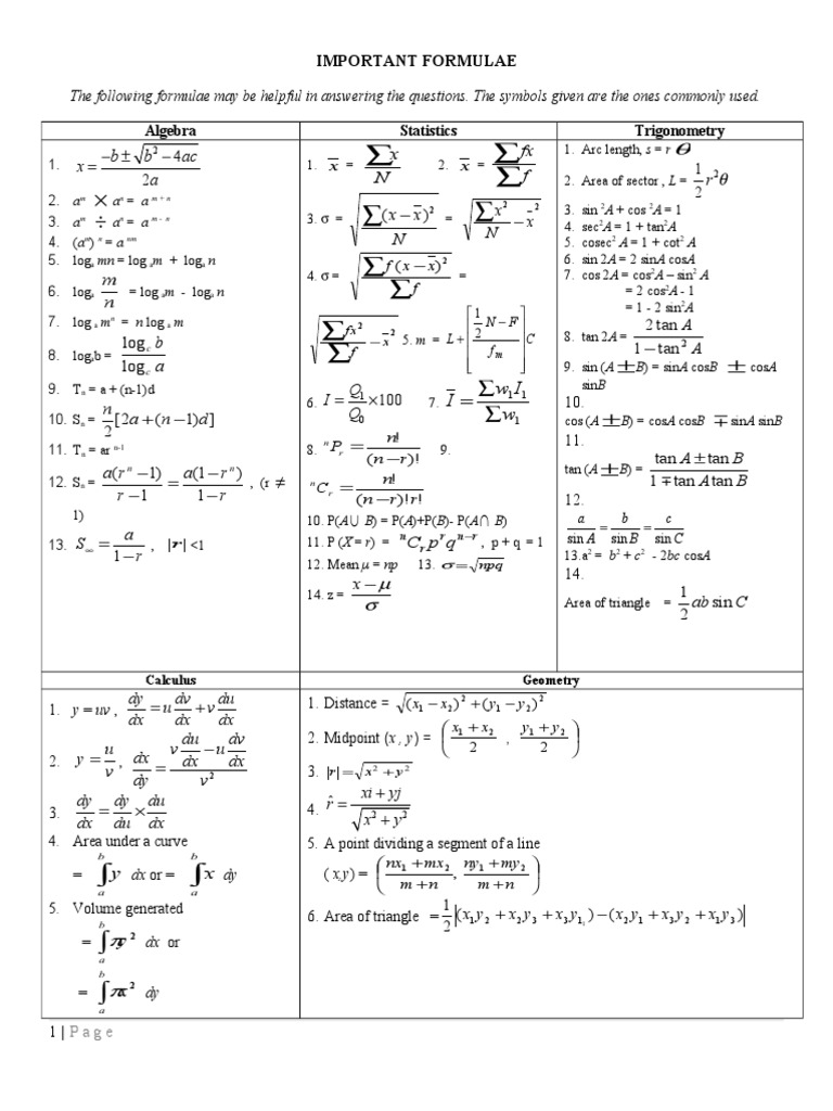 Essential Math Formulae Guide | PDF | Line (Geometry) | Sphere
