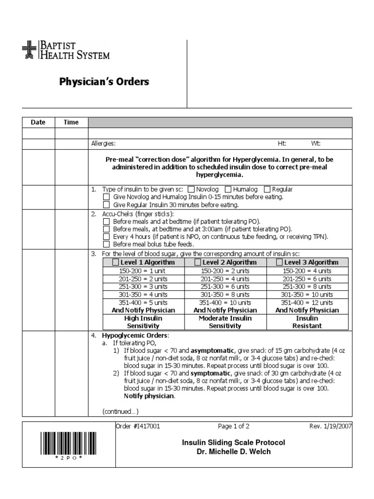 Insulin Sliding Scale Protocol | PDF