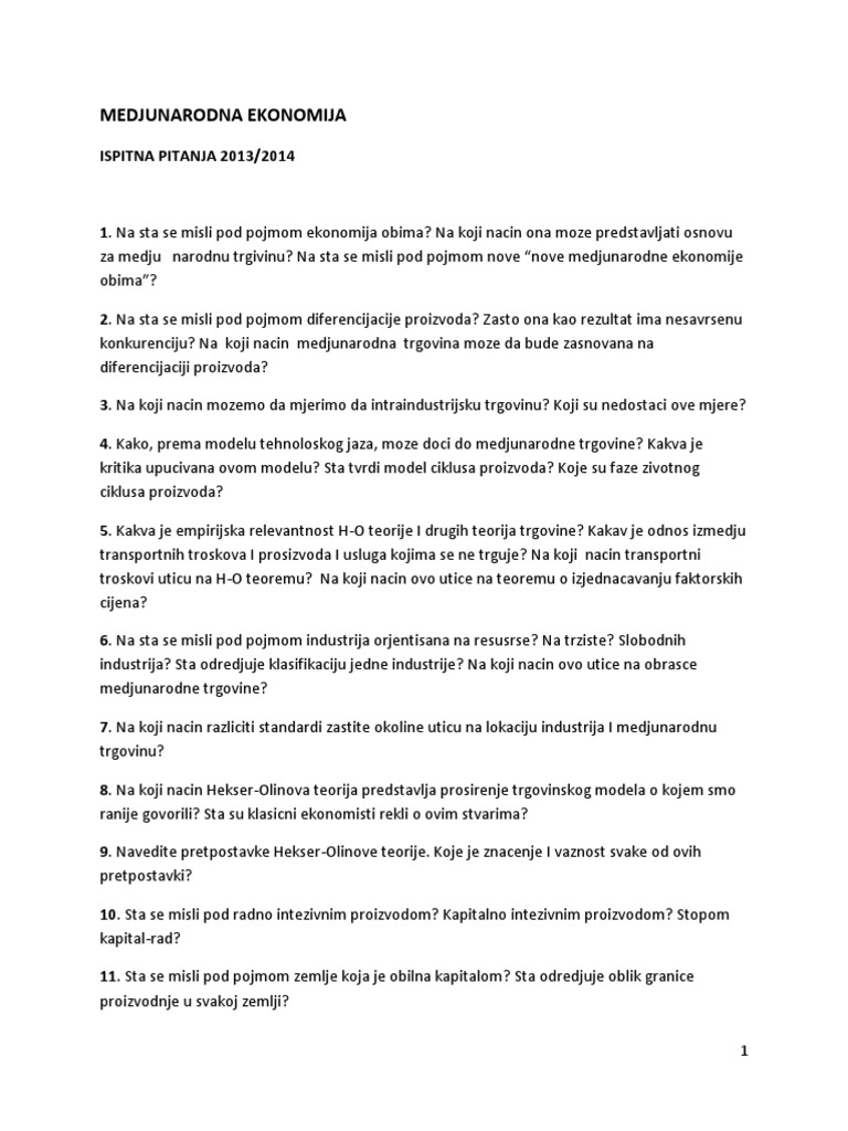 Međunarodna Ekonomija Ispitna Pitanja | PDF