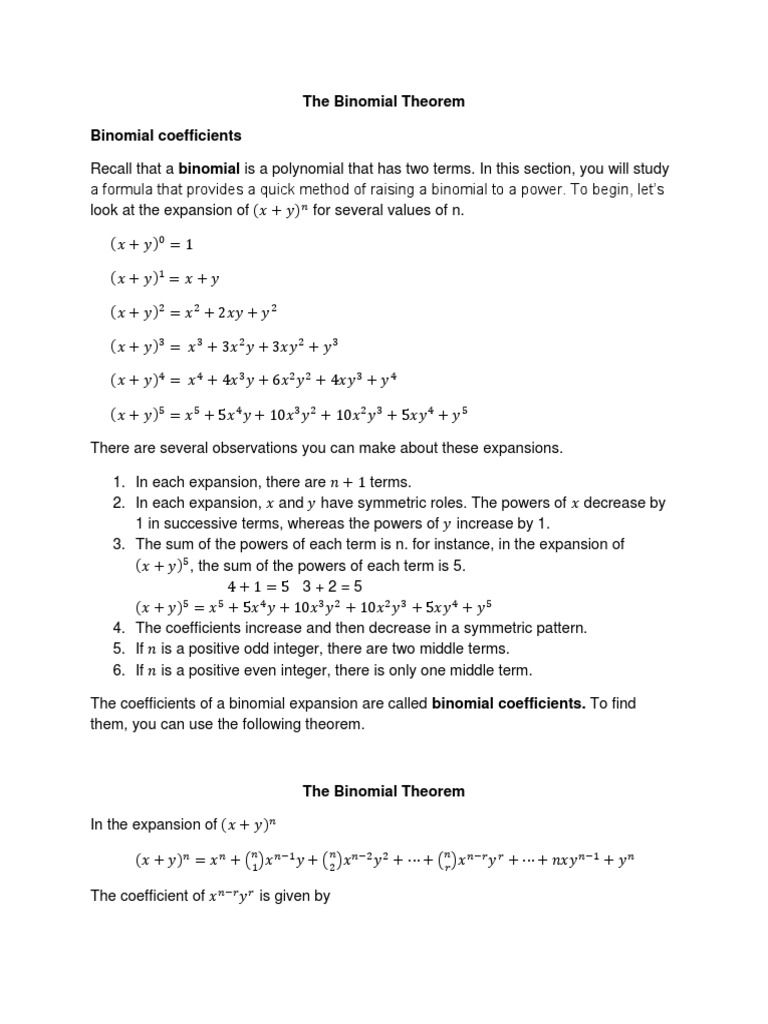 The Binomial Theorem Binomial Coefficients | PDF | Teaching Methods ...