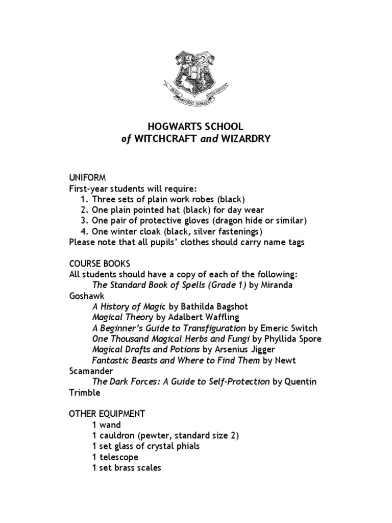 Hogwarts School Supplies List | PDF | Fantastic Beasts And Where To ...