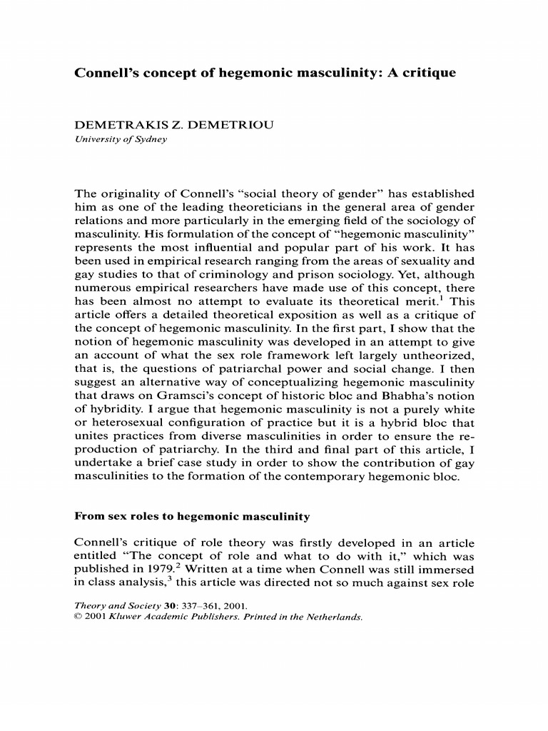 Demetriou - Connell's Concept of Hegemonic Masculinity A Critique | PDF ...