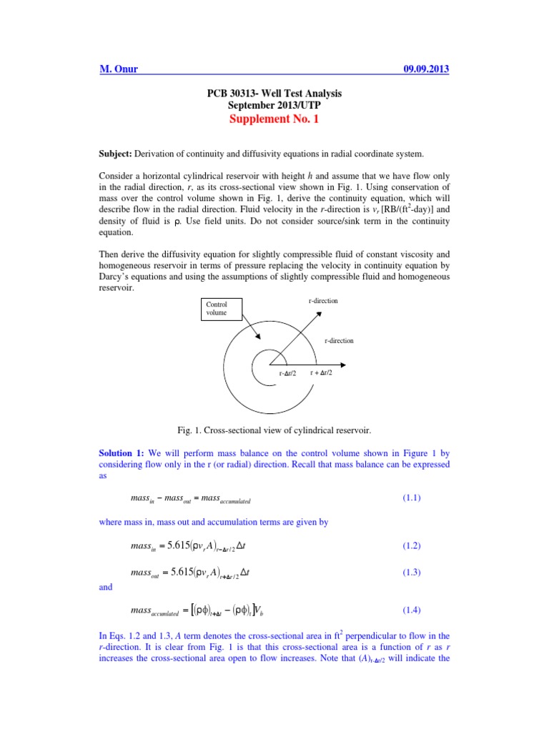 Handout 1 Derivation Radial Diffusivity Equation Pcb3013 Pdf Fluid