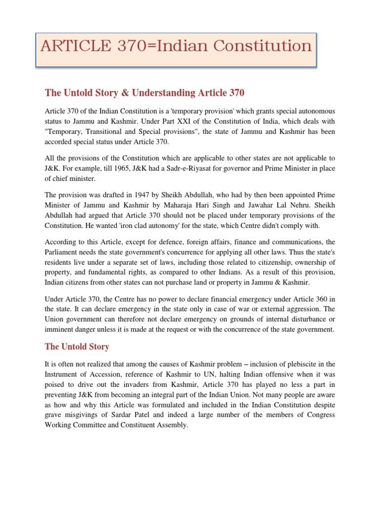 Understanding Article 370's Impact | PDF | Independent India ...