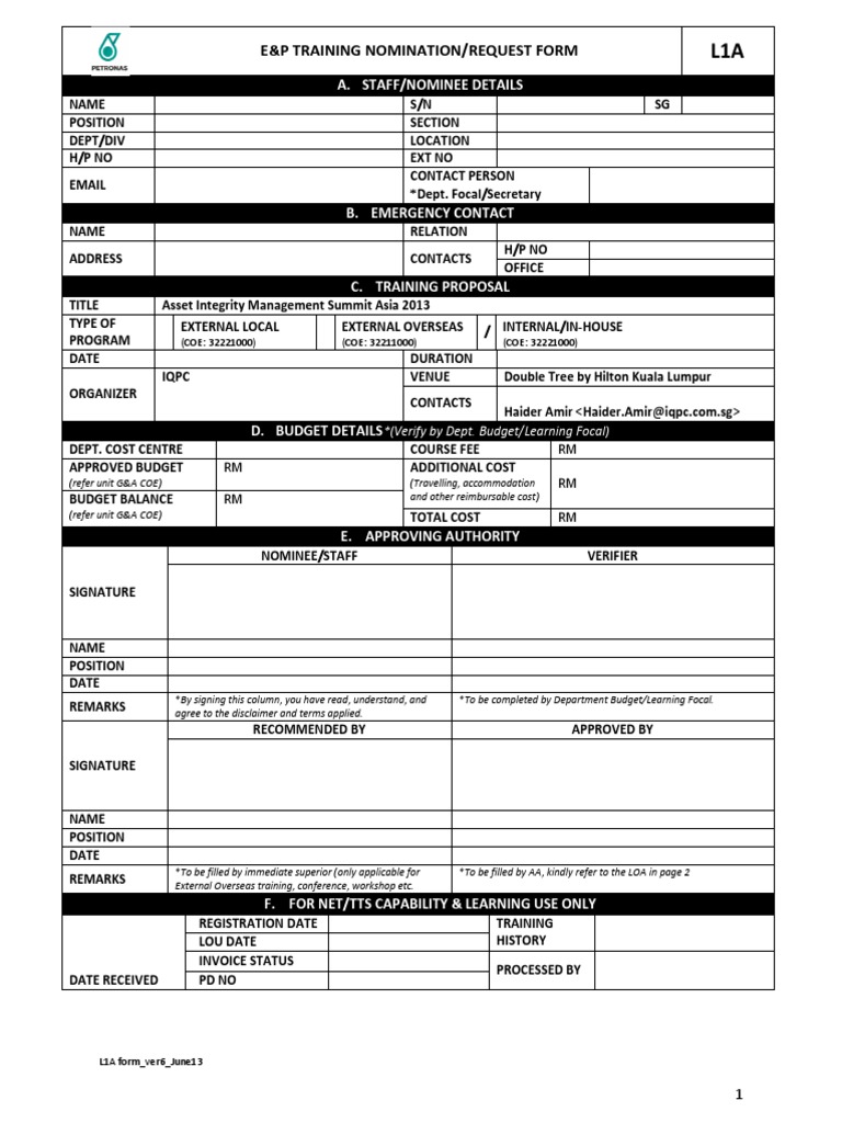 L1A FORM Asset Integrity Management Summit Asia 2013 | PDF | Government ...