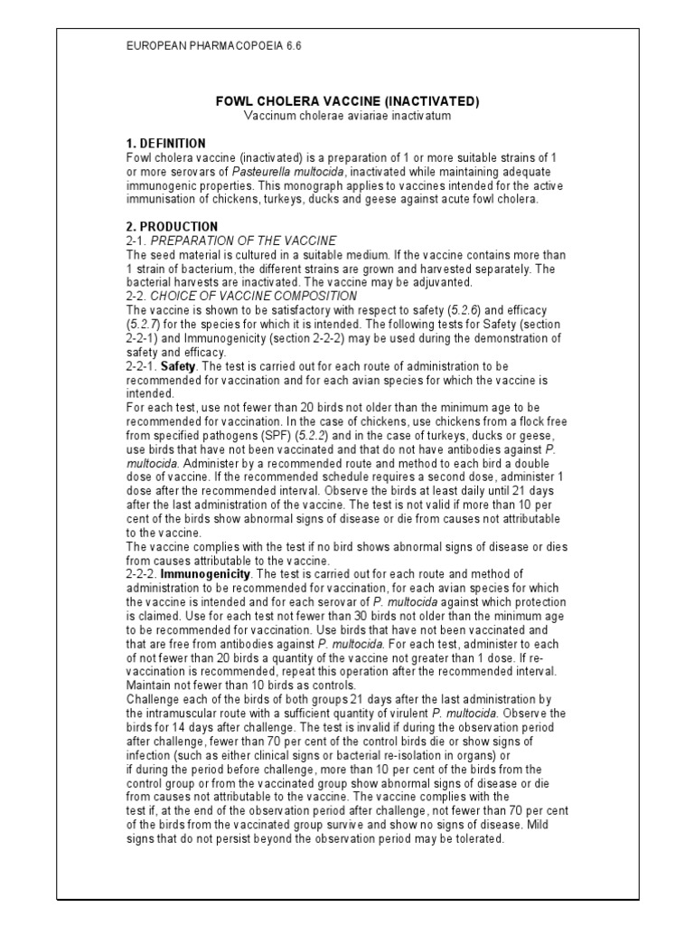 Fowl Cholera | PDF | Vaccines | Veterinary Medicine